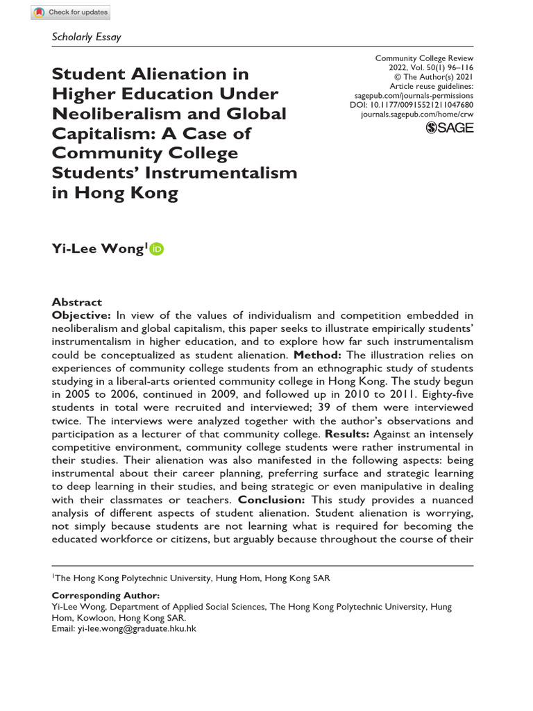 Wong 2021 Student Alienation in Higher Education Under Neoliberalism ...