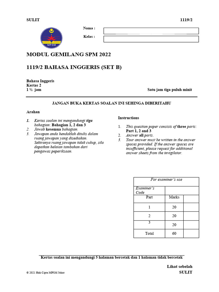 SPM 2022 English Paper 2 Guide | PDF