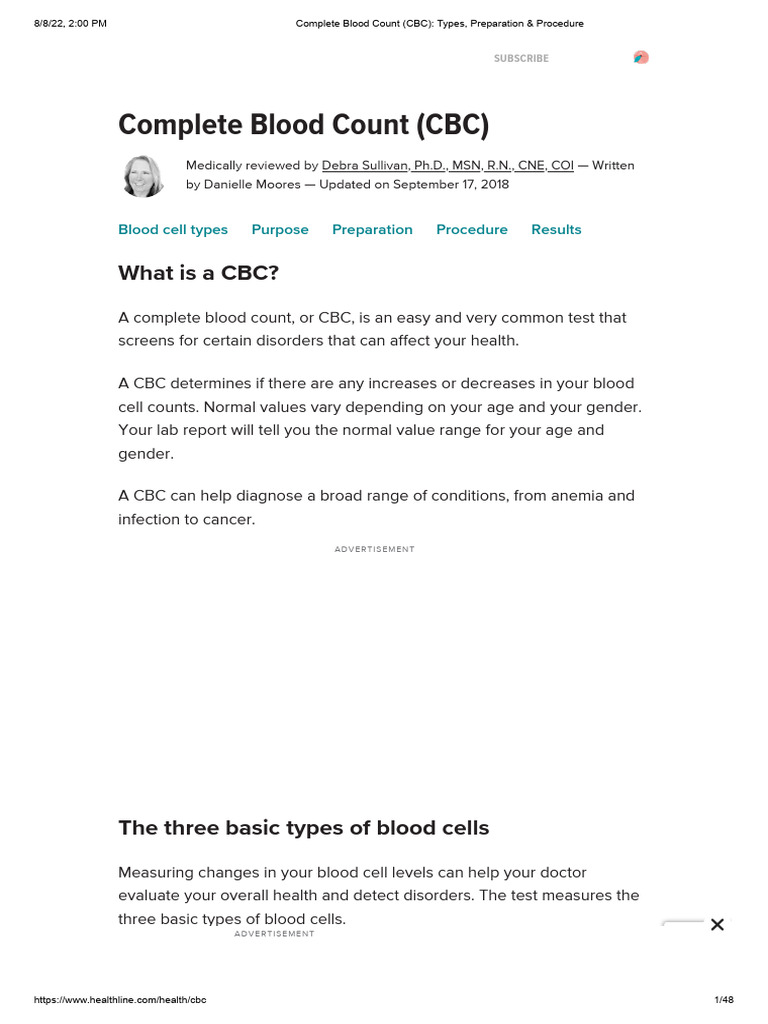 Complete Blood Count (CBC) - Types, Preparation & Procedure | PDF ...