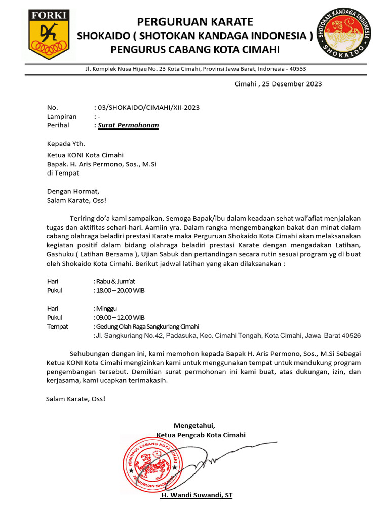 Surat Permohonan Pengajuan Tempat Latihan Pembinaan Karate | PDF