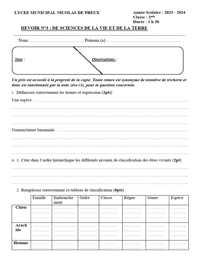 DEVOIR N°3 - 2nde A | PDF