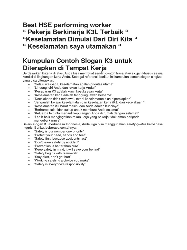 Kumpulan Contoh Slogan K3 Untuk Diterapkan Di Tempat Kerja | PDF
