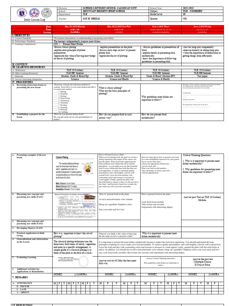 TLE 10 Cookery Lesson Plan: Meat Dishes | PDF | Grilling | Cooking