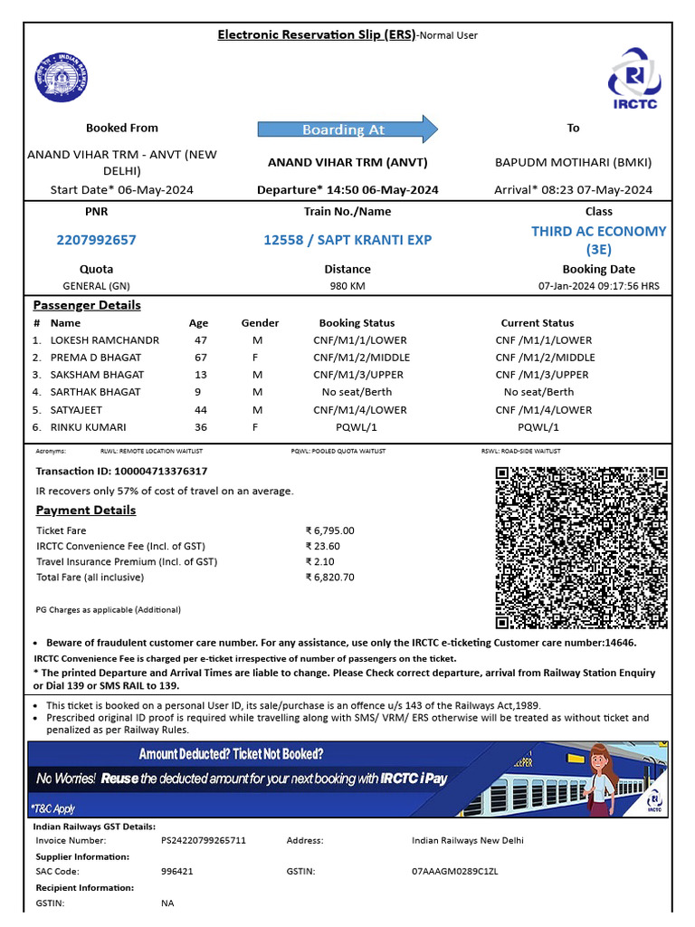 Indian Railways E-Ticket Details | PDF | Identity Document | Ticket ...