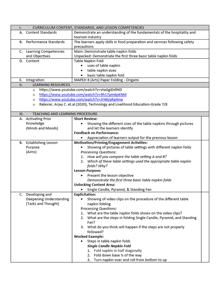 Grade 7 TLE: Napkin Folding Lesson Plan | PDF | Learning | Origami