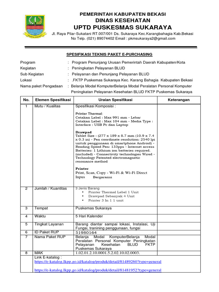 SPESIFIKASI TEKNIS Paket Belanja Modal Personal Komputer | PDF
