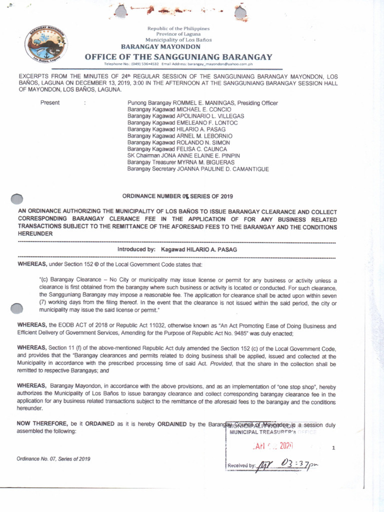 5.2.1 Ordinance Relative To Barangay Clearance Fees On Business Permit ...
