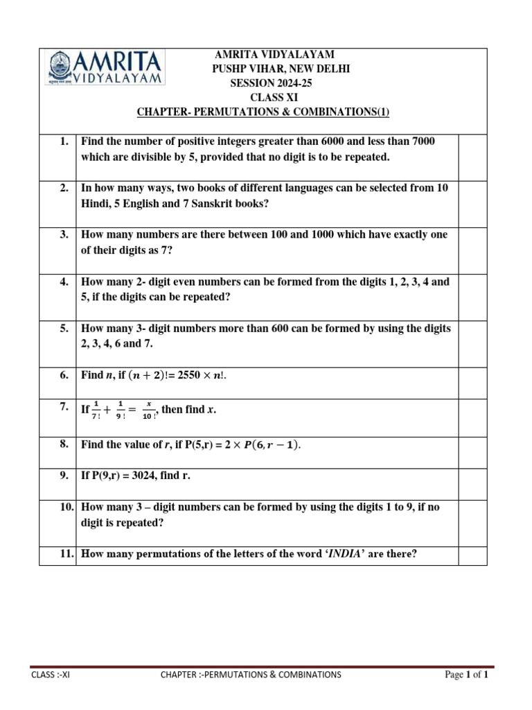 Class XI Permutations & Combinations Worksheet | PDF
