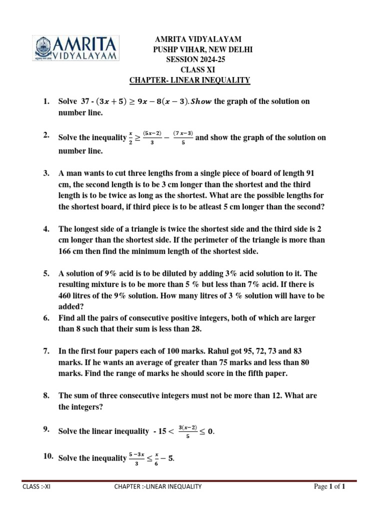 Class 11 Linear Inequalities Exercises Pdf