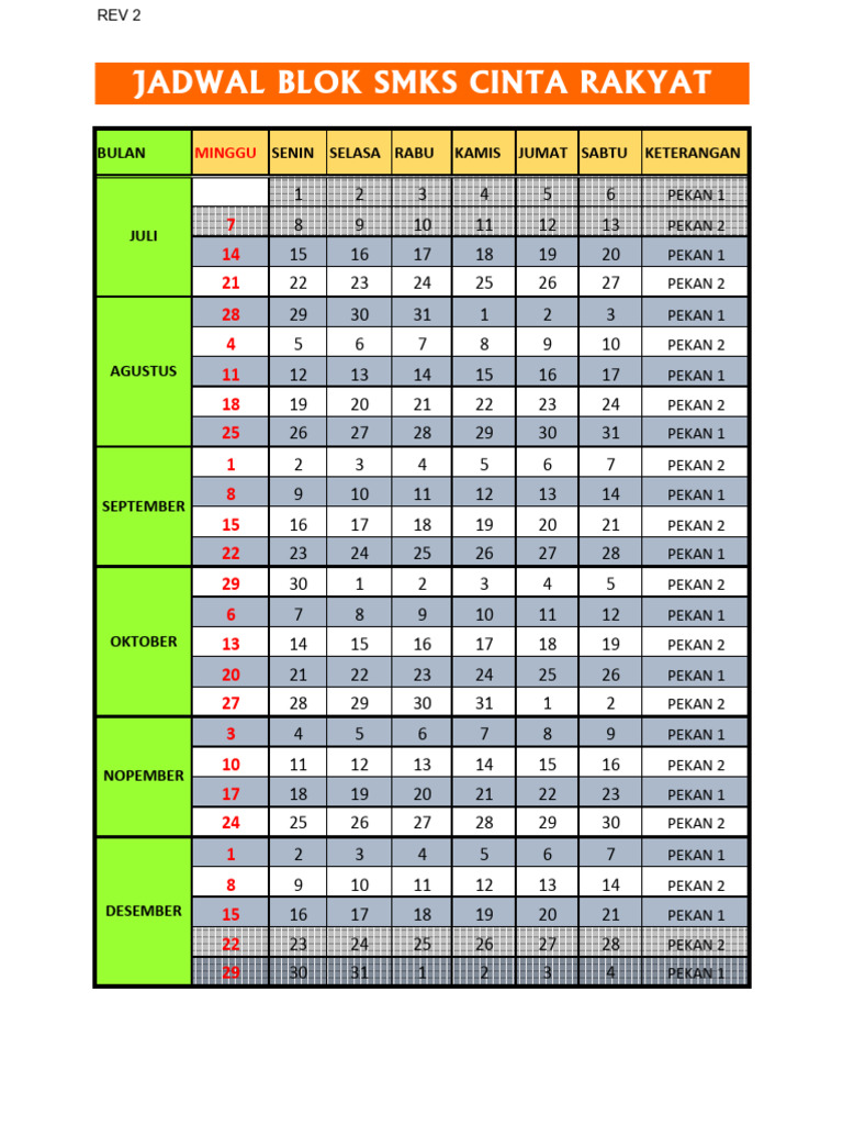 Rev 2 Jadwal Blok SMKS Cinta Rakyat 2024-2025 | PDF