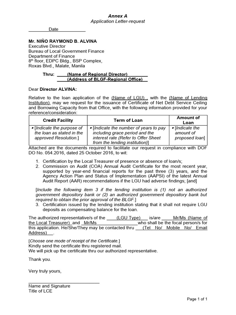 Annex A Sample Letter Request | PDF | Loans | Debt