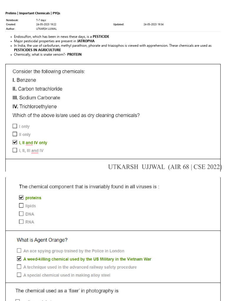 Prelims - Important Chemicals - PYQs | PDF | Science & Mathematics