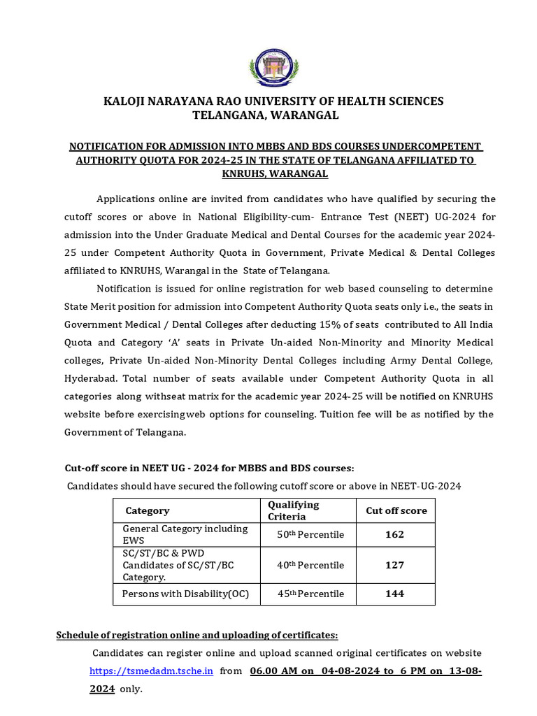 Telangana MBBS/BDS Admission 2024 | PDF | Finance & Money Management