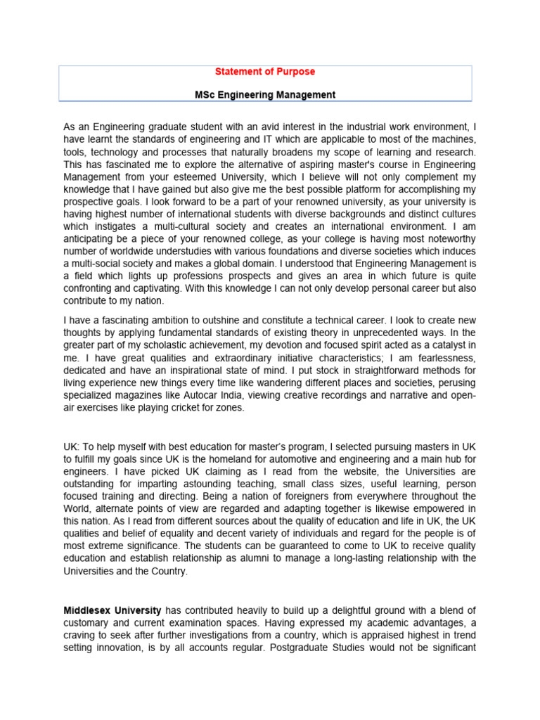 SOP - Engineering Management Middlesex | PDF | Engineering | University