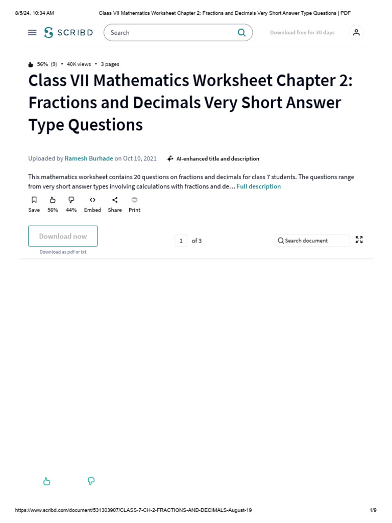 Class VII Mathematics Worksheet Chapter 2 - Fractions and Decimals Very Short Answer Type ...