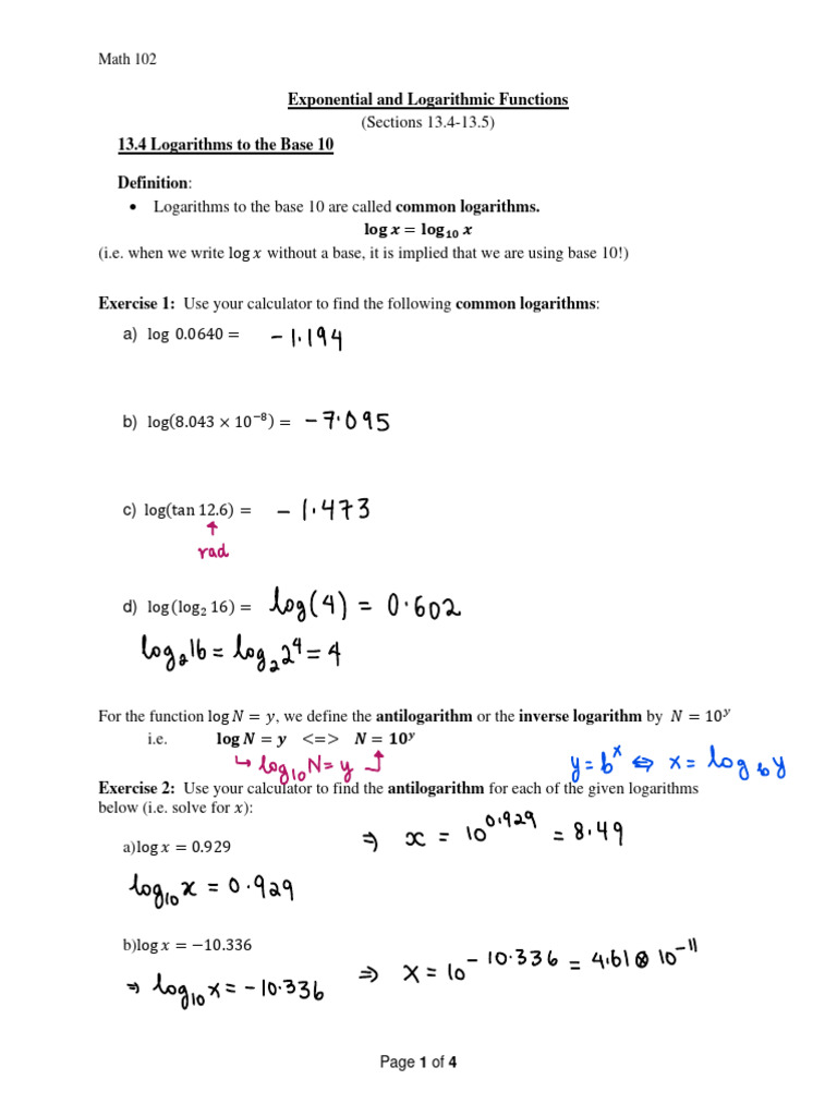 Logarithm To The Base 10 and Natural Logarithm (13.4-13.5) Class Notes ...