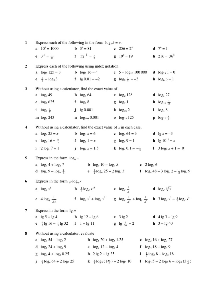 Logarithm Exercises and Solutions | PDF | Equations | Cartesian ...