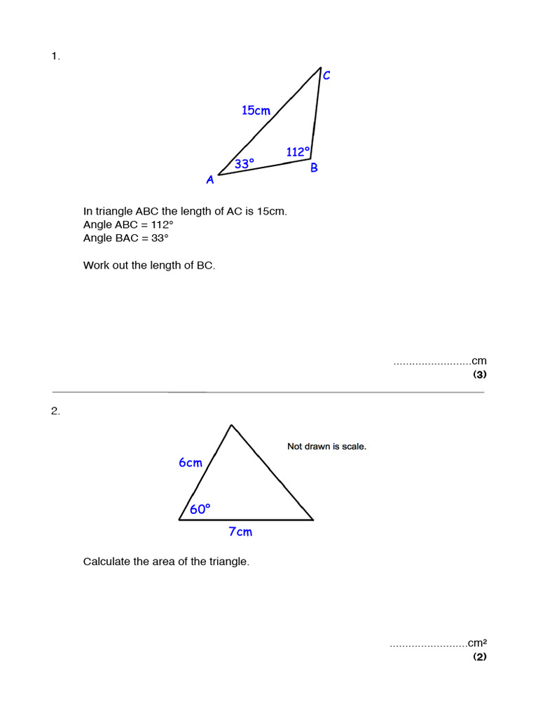 Sine and Cosine Rule Worksheet | PDF | Triangle | Geometric Measurement