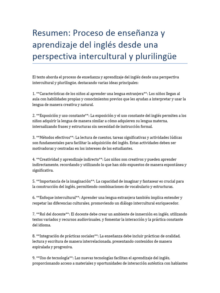 Resumen Proceso de Enseñanza y Aprendizaje Del Ingles | PDF | Aprendizaje | Enseñando