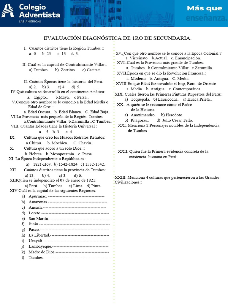 Examen Diagnóstica de CC - Ss. de 1ro Sec. | PDF | Perú