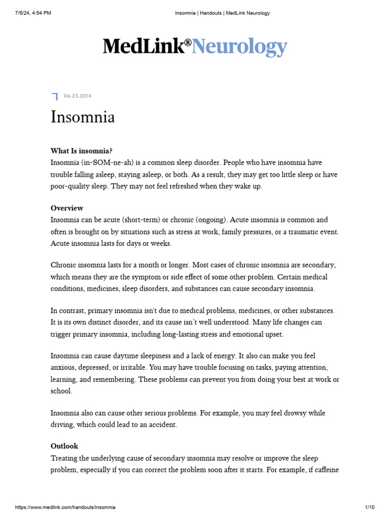 Insomnia - Handouts - MedLink Neurology | PDF | Insomnia | Sleep