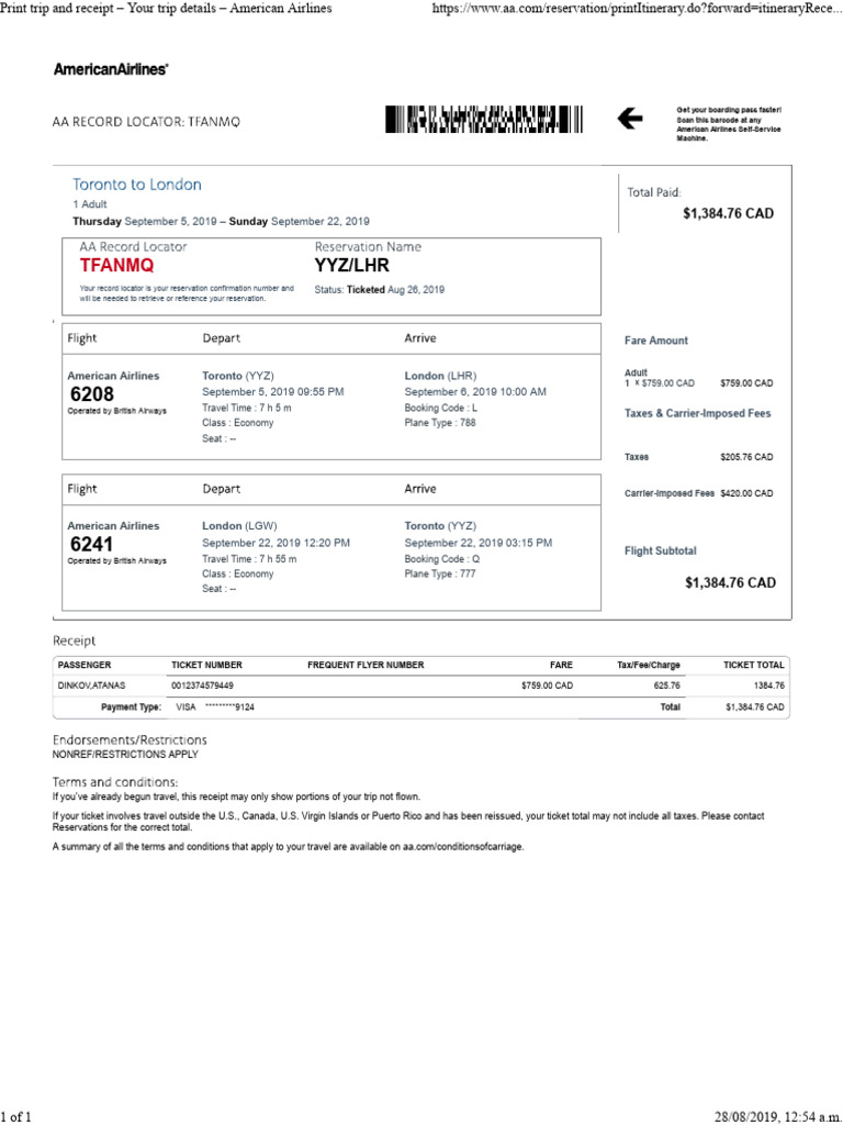 Print Trip and Receipt - Your Trip Details - American Airlines | PDF ...