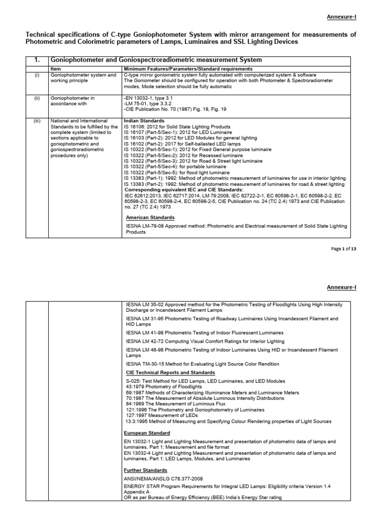 C-Type Goniophotometer Specs | PDF | Lighting | Calibration