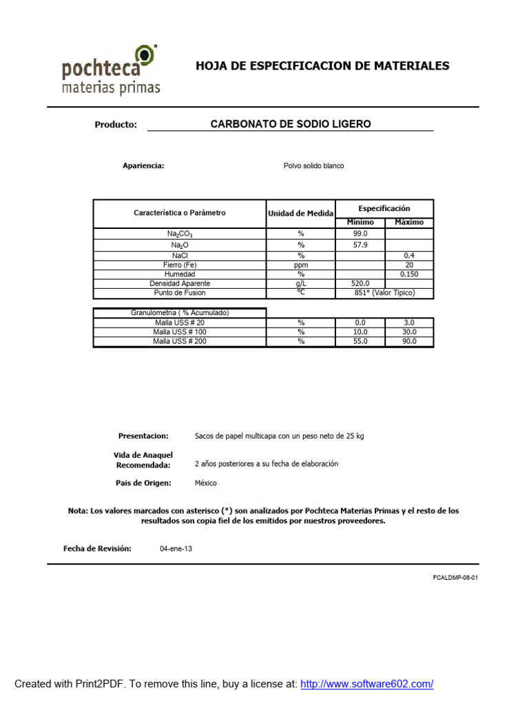 Especificaciones de Materias Primas Pochteca | PDF | sal | Cloruro de sodio