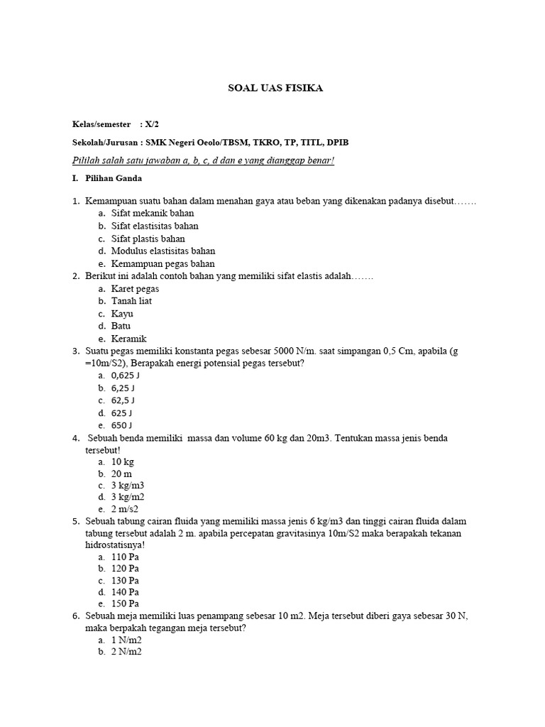 Soal UAS Fisika Kelas X SMK | PDF