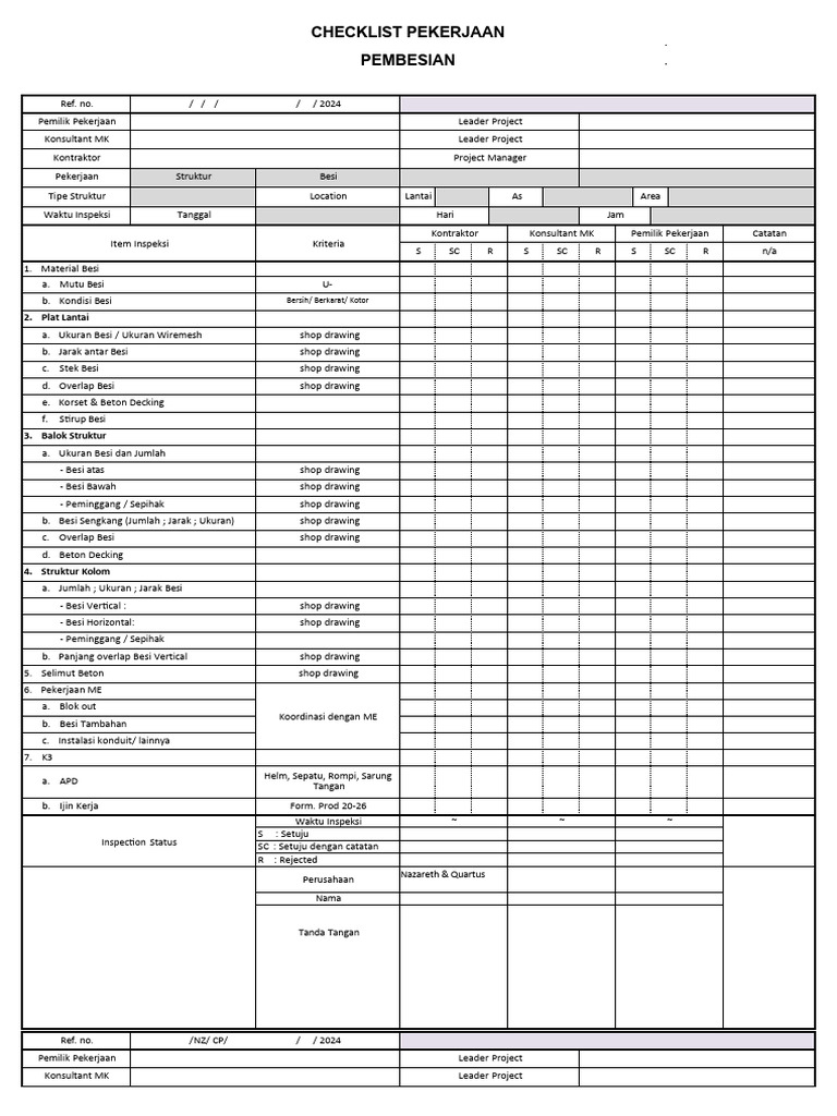 Checklist Pekerjaan Pembesian | PDF | Teknologi & Rekayasa