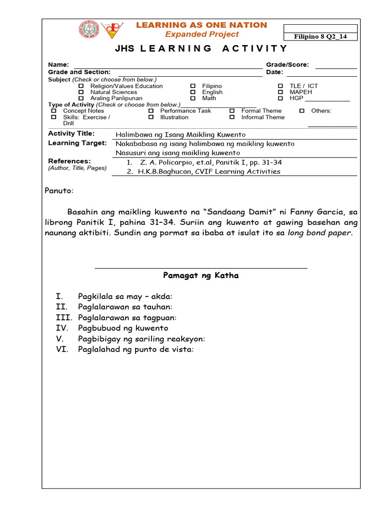Filipino 8 Q2 LAS 14 Halimbawa NG Isang Maikling Kuwento | PDF