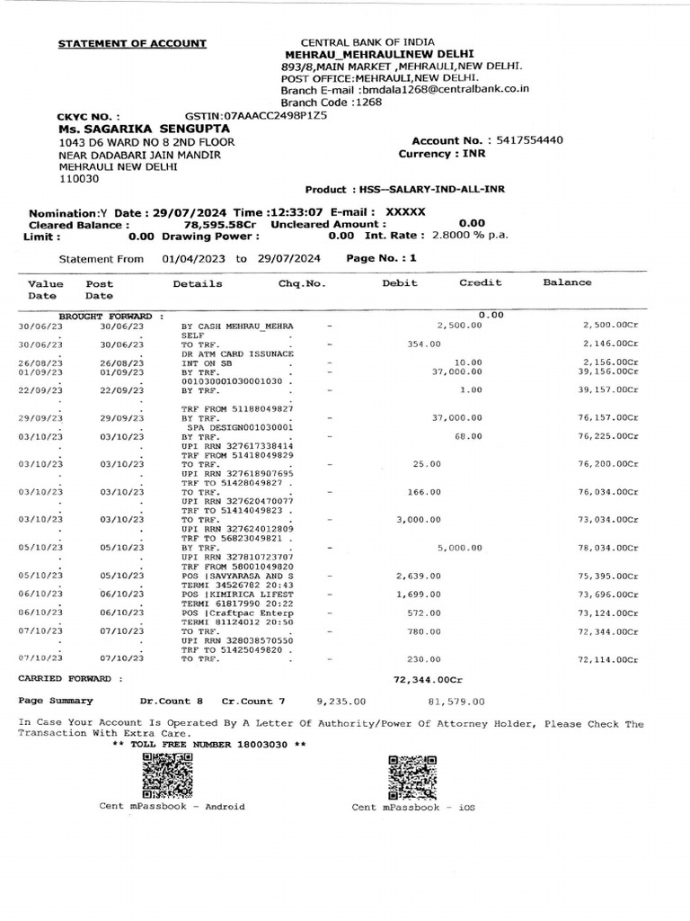 Central Bank of India Account Statement | PDF | Personal Finance ...