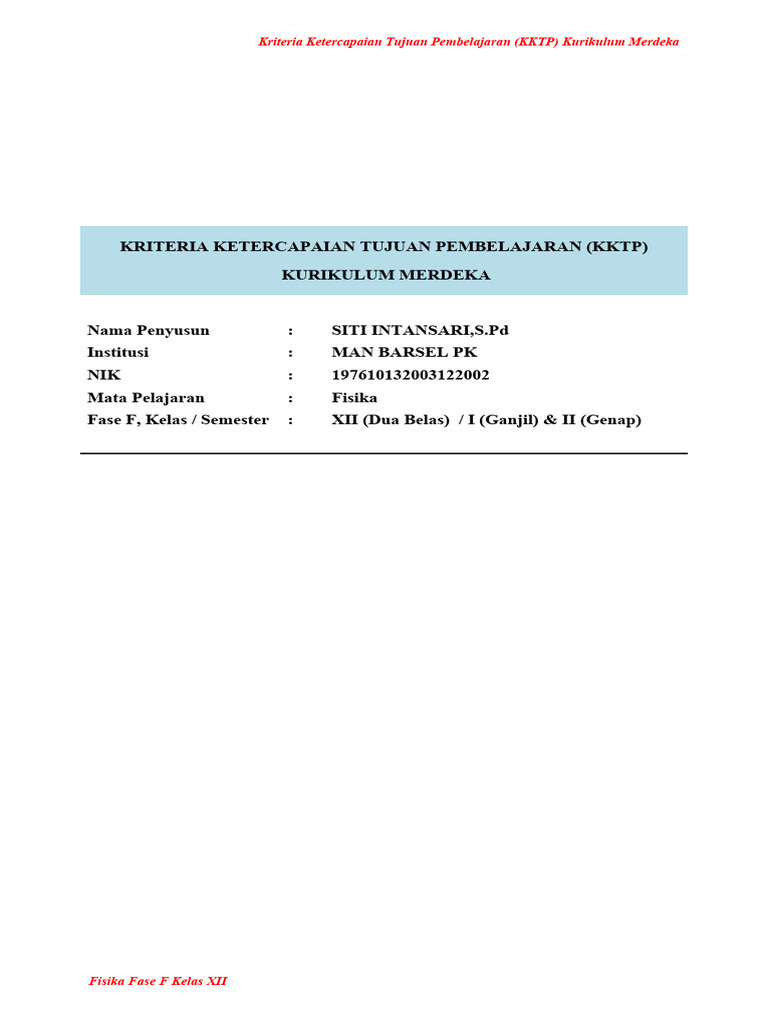 KKTP Fisika XII Kurikulum Merdeka | PDF