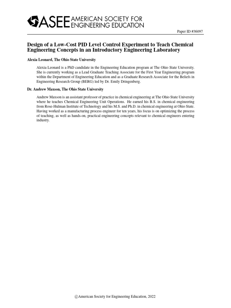 Design of A Low Cost Pid Level Control Experiment To Teach Chemical ...