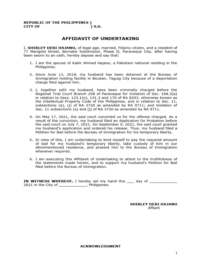 Affidavit of Undertaking Shirley Hajano | PDF | Affidavit | Justice