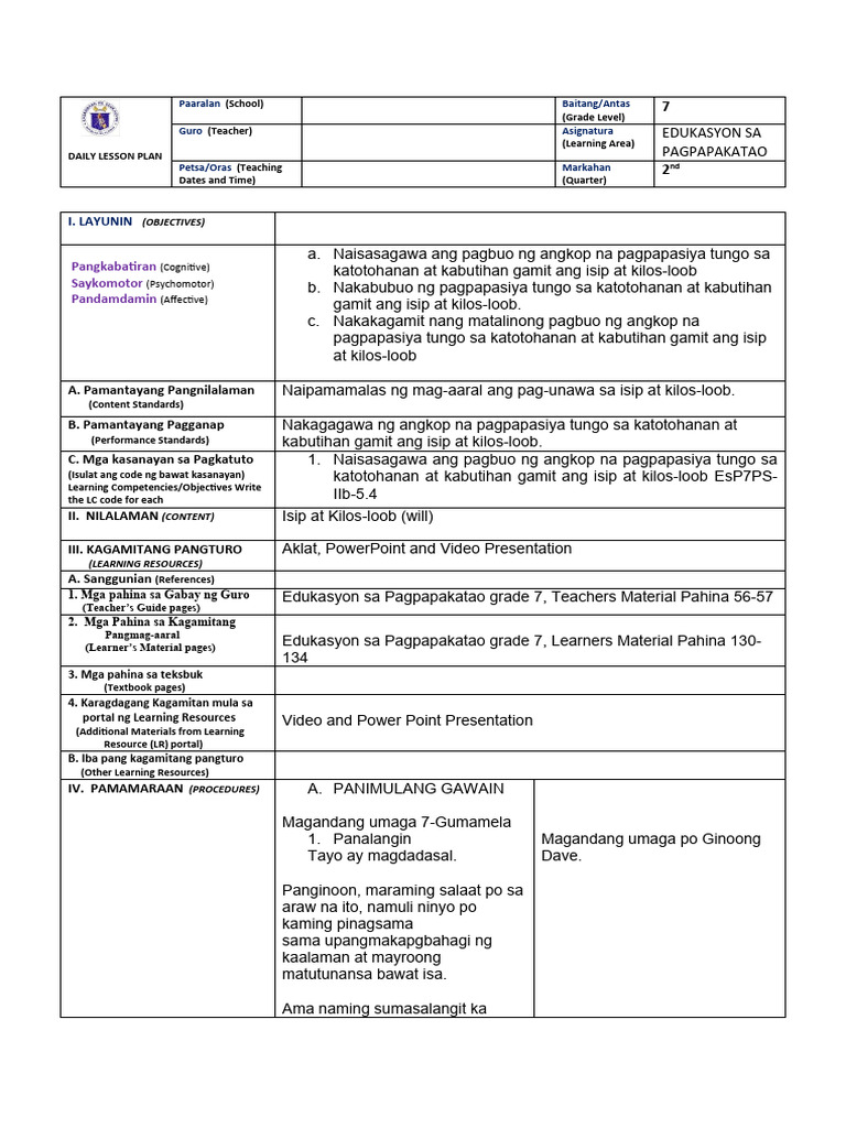 Daily Lesson Plan Esp 7 M-5 | PDF