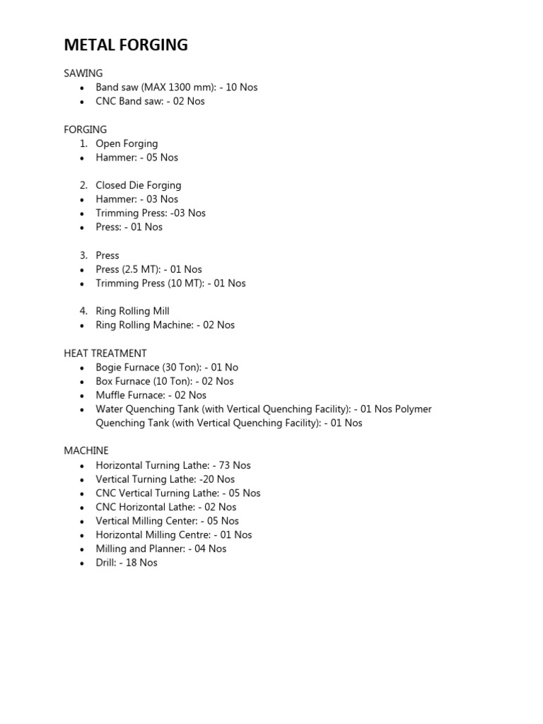 Metal Forging Equipment Inventory | PDF