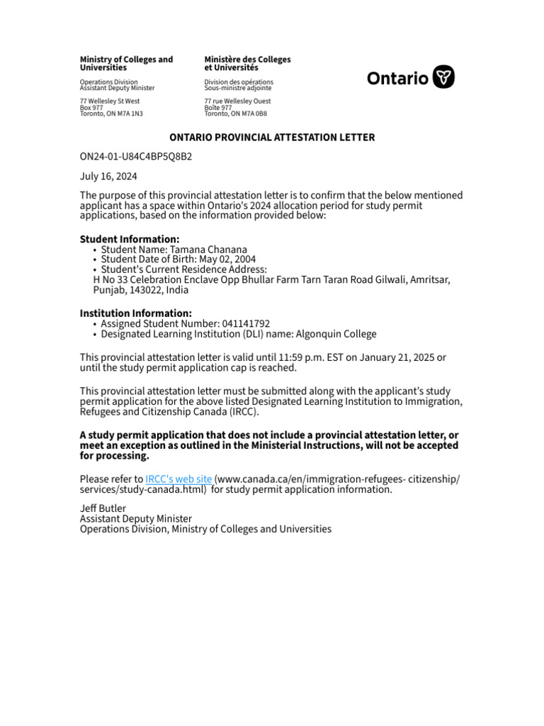 Ontario Study Permit Attestation Letter | PDF