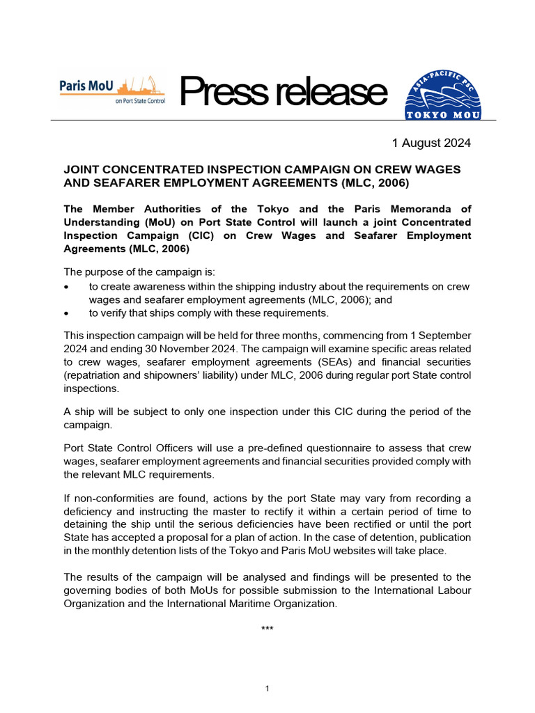 Tokyo MoU Press Release On 2024 CIC | PDF