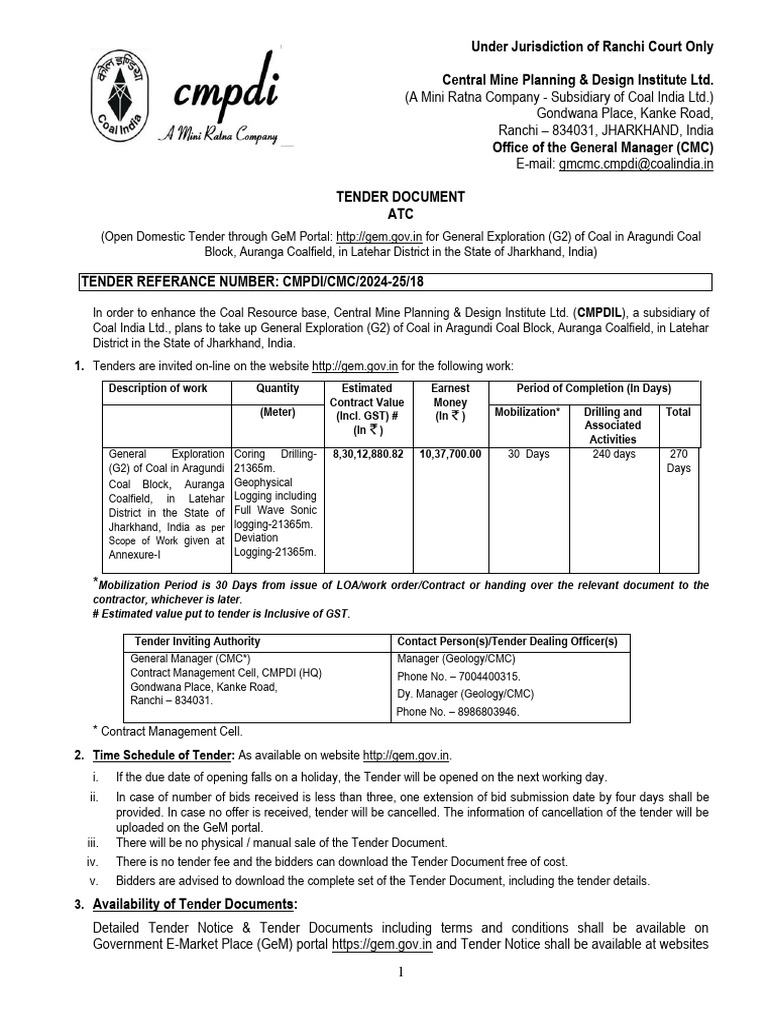 Jharkhand Coal Exploration Tender 2024 | PDF | Joint Venture | Taxes