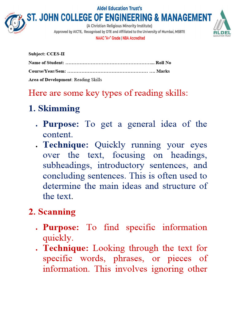 Assignment On - Reading Skills | PDF | Reading Comprehension | Speed Reading