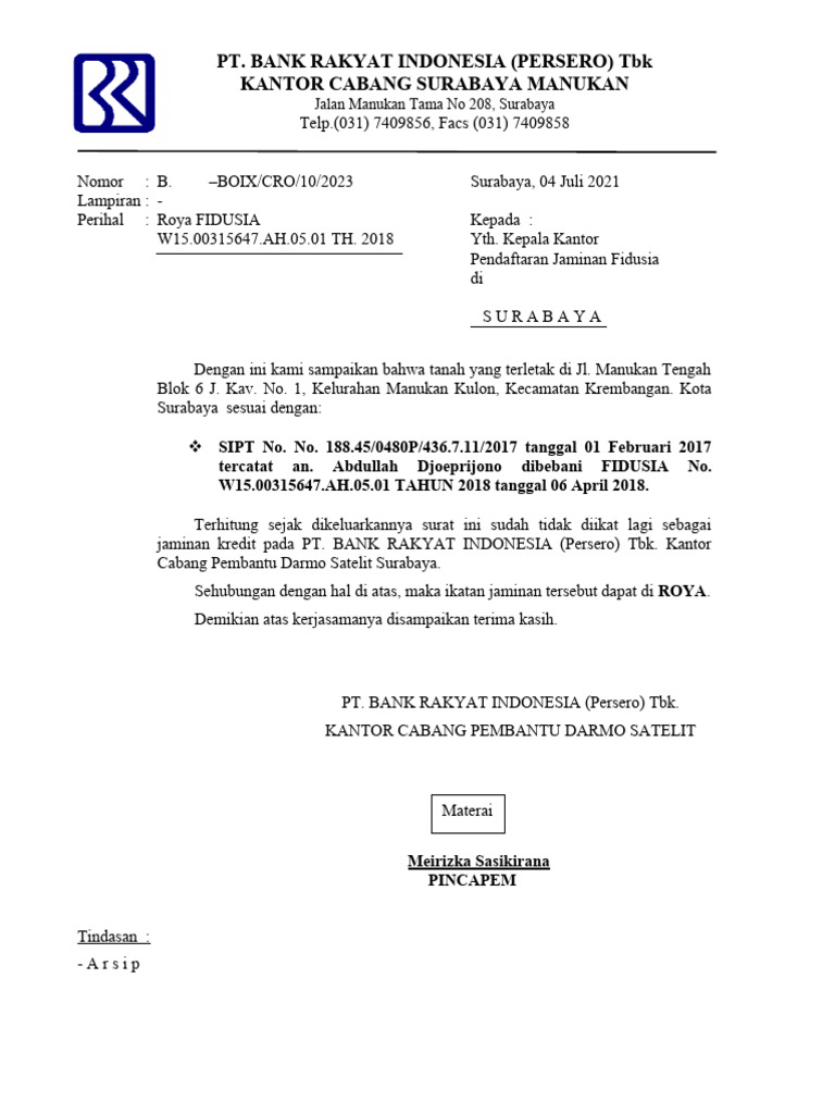 Surat Roya Fidusia, Cabut Blokir SIPT, Lunas | PDF
