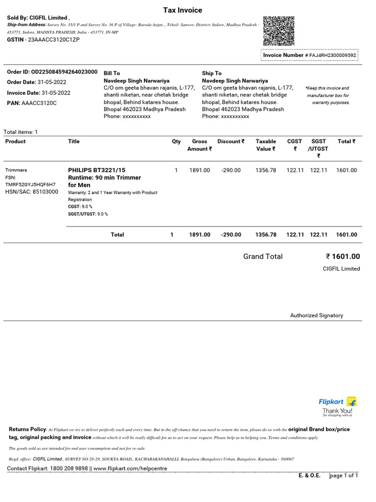 Tax Invoice for Philips Trimmer Purchase | PDF | Economies | Taxation