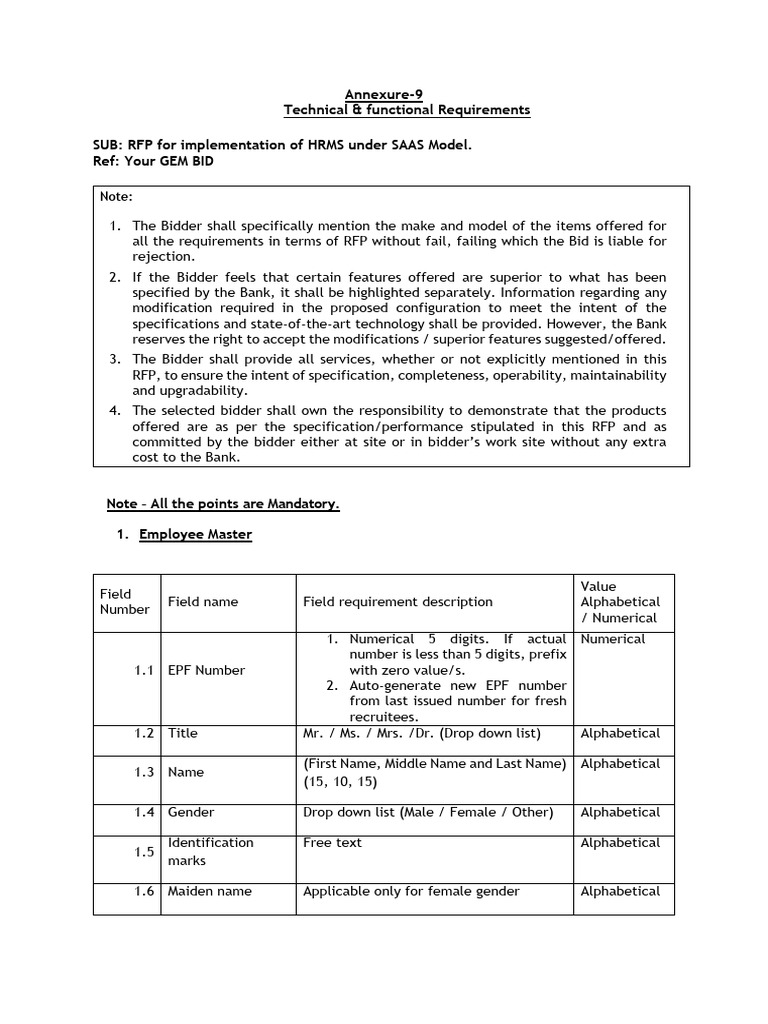 Annexure-9 Technical & Functional Requirements SUB: RFP For Implementation of HRMS Under SAAS ...
