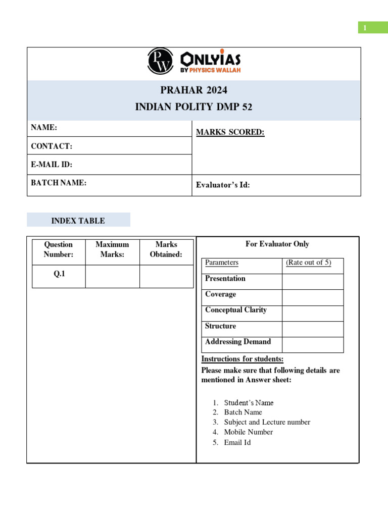 Polity 52 - Daily Mains Question Booklet - UPSC Prahar 2024 (Hinglish ...