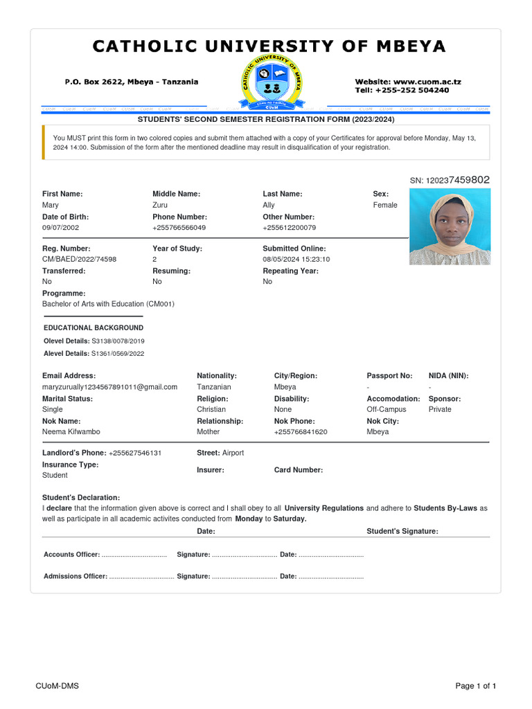 CUoM Students' Registration Form 2024 | PDF