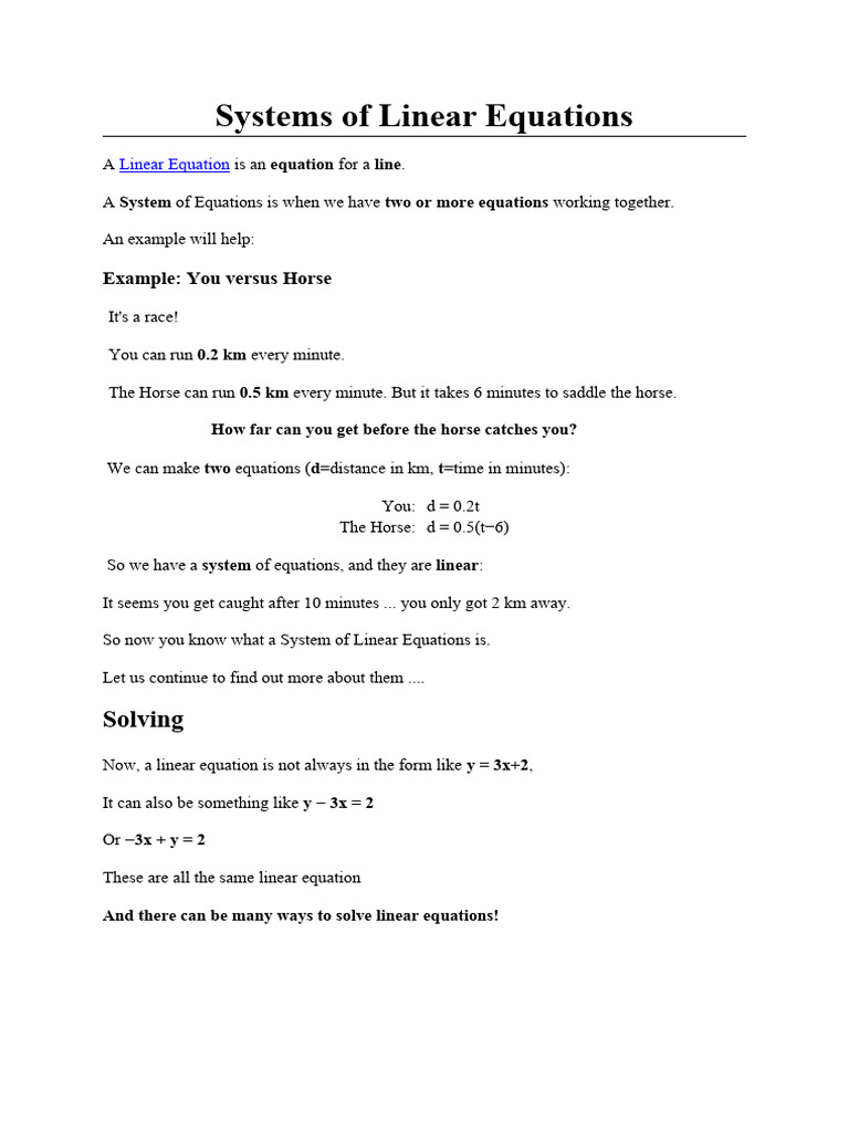 Systems of Linear Equations | PDF | Algebra | Equations