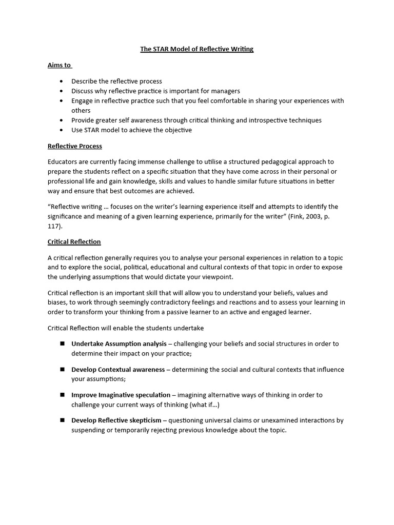 STAR Model - Critical Reflection | PDF | Critical Thinking | Reflective Practice