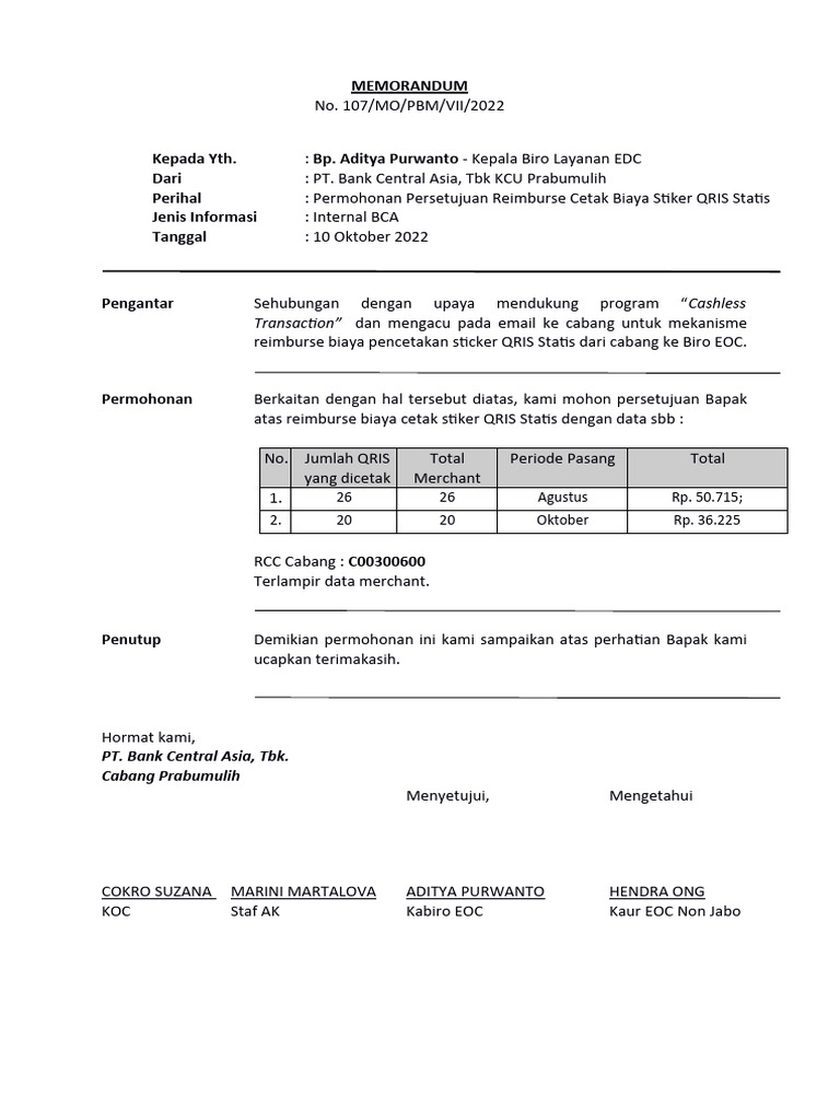 PBM - Memo EDC QRIS Ok 22docx | PDF