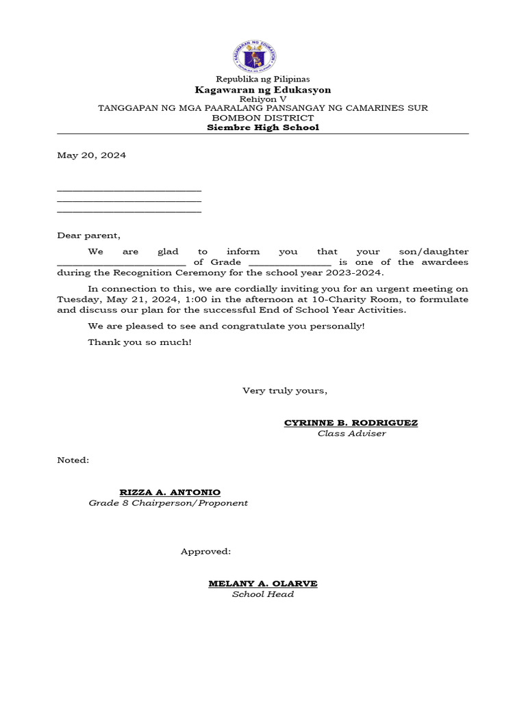Letter For Honor Students Parents | PDF